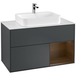 Villeroy & Boch Villeroy und Boch Finion Waschtischunterschrank G371GNHG 100cm, Abdeckplatte white matt, Emotion, Regal rechts Walnut veneer, Midnight Blue Matt Lacquer