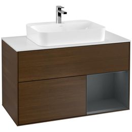 Villeroy & Boch Villeroy und Boch Finion Waschtischunterschrank F371HGGN 100cm, Abdeckplatte white matt, Regal rechts Midnight Blue Matt Lacquer, Walnut veneer
