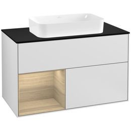 Villeroy & Boch Villeroy und Boch Finion Waschtischunterschrank G242PCMT 100cm, Abdeckplatte black matt, Emotion, Regal links Oak Veneer, White matt lacquer