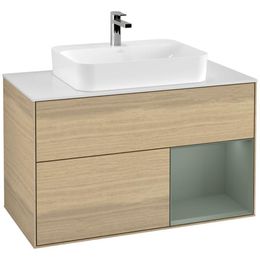 Villeroy & Boch Villeroy und Boch Finion Waschtischunterschrank F371GMPC 100cm, Abdeckplatte white matt, Regal rechts Olive Matt Lacquer, Oak Veneer