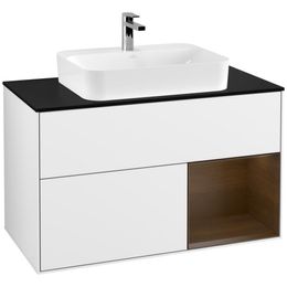 Villeroy & Boch Villeroy und Boch Finion Waschtischunterschrank F372GNGF 100cm, Abdeckplatte black matt, Regal rechts Walnut veneer, Glossy white lacquer