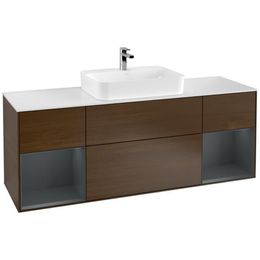 Villeroy & Boch Villeroy und Boch Finion Waschtischunterschrank G451HGGN 160cm, Abdeckplatte white matt, Emotion, Regale Midnight matt lacquer, Walnut veneer