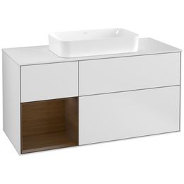 Villeroy & Boch Villeroy und Boch Finion Waschtischunterschrank F291GNMT 120cm, Abdeckplatte white matt, Regal links Walnut veneer, White matt lacquer