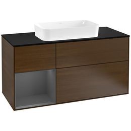 Villeroy & Boch Villeroy und Boch Finion Waschtischunterschrank F292GKGN 120cm, Abdeckplatte black matt, Regal links Anthracite matt, Walnut veneer