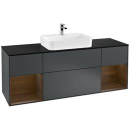 Villeroy & Boch Villeroy und Boch Finion Waschtischunterschrank F452GNHG 160x60,3cm, Abdeckplatte black matt, Regale Walnut veneer, Midnight Blue Matt Lacquer
