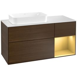 Villeroy & Boch Villeroy und Boch Finion Waschtischunterschrank G281HFGN 120cm, Abdeckplatte white matt, Emotion, Regal rechts Gold matt, Walnut veneer