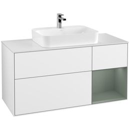 Villeroy & Boch Villeroy und Boch Finion Waschtischunterschrank G421GMGF 120cm, Abdeckplatte white matt, Emotion, Regal rechts Olive matt, Glossy white lacquer