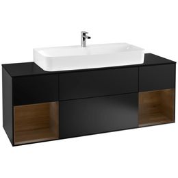 Villeroy & Boch Villeroy und Boch Finion Waschtischunterschrank F212GNPD 160cm, Abdeckplatte black matt, Regale Walnut veneer, Black matt lacquer