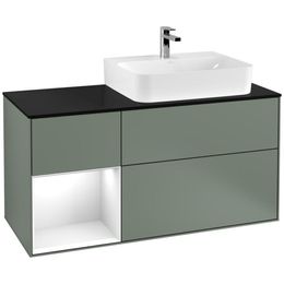 Villeroy & Boch Villeroy und Boch Finion Waschtischunterschrank F142GFGM 120cm, Abdeckplatte Glass Black Matt, Regal links Glossy white lacquer, Olive Matt Lacquer