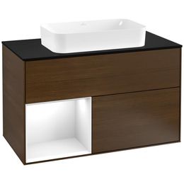 Villeroy & Boch Villeroy und Boch Finion Waschtischunterschrank F242GFGN 100x60,3cm, Abdeckplatte black matt, Regal links Glossy white lacquer, Walnut veneer