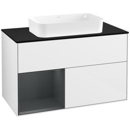Villeroy & Boch Villeroy und Boch Finion Waschtischunterschrank F242HGGF 100x60,3cm, Abdeckplatte black matt, Regal links Midnight Blue Matt Lacquer, Glossy white lacquer