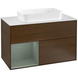Villeroy & Boch Villeroy und Boch Finion Waschtischunterschrank G241GMGN 100cm, Abdeckplatte white matt, Emotion, Regal links Olive Matt Lacquer, Walnut veneer