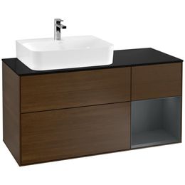 Villeroy & Boch Villeroy und Boch Finion Waschtischunterschrank G152HGGN 120cm, Abdeckplatte black matt, Emotion, Regal links Midnight Blue Matt Lacquer, Walnut veneer