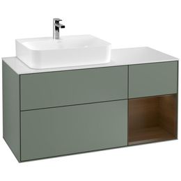 Villeroy & Boch Villeroy und Boch Finion Waschtischunterschrank F151GNGM 120cm, Abdeckplatte white matt, Regal rechts Walnut veneer, Olive Matt Lacquer
