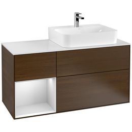 Villeroy & Boch Villeroy und Boch Finion Waschtischunterschrank F141MTGN 120cm, Abdeckplatte glass white Matt, Regal links White matt lacquer, Walnut veneer