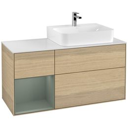 Villeroy & Boch Villeroy und Boch Finion Waschtischunterschrank F141GMPC 120cm, Abdeckplatte glass white Matt, Regal links Olive Matt Lacquer, Oak Veneer