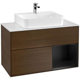 Villeroy & Boch Villeroy und Boch Finion Waschtischunterschrank G121PDGN 100cm, Abdeckplatte white matt, Emotion, Regal rechts Black matt lacquer, Walnut veneer
