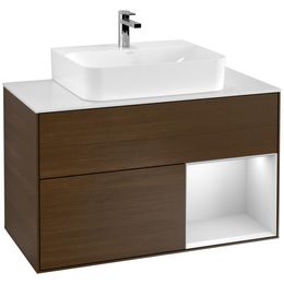 Villeroy & Boch Villeroy und Boch Finion Waschtischunterschrank G121MTGN 100cm, Abdeckplatte white matt, Emotion, Regal rechts White matt lacquer, Walnut veneer