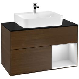 Villeroy & Boch Villeroy und Boch Finion Waschtischunterschrank G122MTGN 100cm, Abdeckplatte black matt, Emotion, Regal rechts White matt lacquer, Walnut veneer