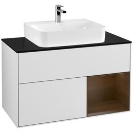 Villeroy & Boch Villeroy und Boch Finion Waschtischunterschrank G122GNMT 100cm, Abdeckplatte black matt, Emotion, Regal rechts Walnut veneer, White matt lacquer