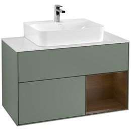 Villeroy & Boch Villeroy und Boch Finion Waschtischunterschrank F121GNGM 100cm, Abdeckplatte wei&szlig; matt, Regal rechts Walnut veneer, Olive Matt Lacquer