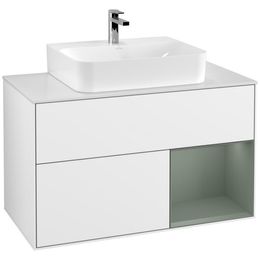 Villeroy & Boch Villeroy und Boch Finion Waschtischunterschrank F121GMGF 100cm, Abdeckplatte wei&szlig; matt, Regal rechts Olive Matt Lacquer, Glossy white lacquer