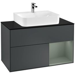 Villeroy & Boch Villeroy und Boch Finion Waschtischunterschrank F122GMHG 100cm, Abdeckplatte black matt, Regal rechts Olive Matt Lacquer, Midnight Blue Matt Lacquer