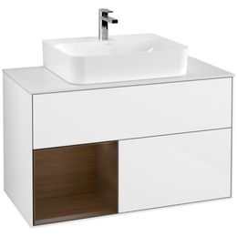 Villeroy & Boch Villeroy und Boch Finion Waschtischunterschrank G111GNGF 100cm, Abdeckplatte white matt, Emotion, Regal links Walnut veneer, Glossy white lacquer