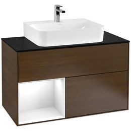 Villeroy & Boch Villeroy und Boch Finion Waschtischunterschrank G112GFGN 100cm, Abdeckplatte black matt, Emotion, Regal links Glossy white lacquer, Walnut veneer