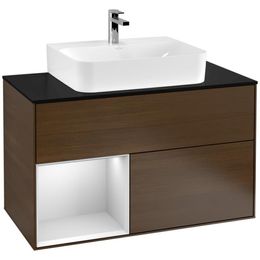 Villeroy & Boch Villeroy und Boch Finion Waschtischunterschrank G112MTGN 100cm, Abdeckplatte black matt, Emotion, Regal links White matt lacquer, Walnut veneer