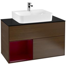 Villeroy & Boch Villeroy und Boch Finion Waschtischunterschrank G112HBGN 100cm, Abdeckplatte black matt, Emotion, Regal links Peony, Walnut veneer