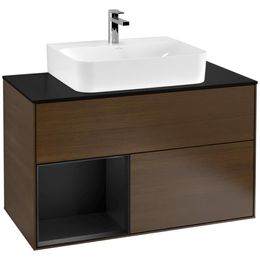 Villeroy & Boch Villeroy und Boch Finion Waschtischunterschrank G112PDGN 100cm, Abdeckplatte black matt, Emotion, Regal links Black matt lacquer, Walnut veneer