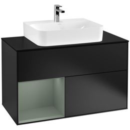 Villeroy & Boch Villeroy und Boch Finion Waschtischunterschrank G112GMPD 100cm, Abdeckplatte black matt, Emotion, Regal links Olive Matt Lacquer, Black matt lacquer