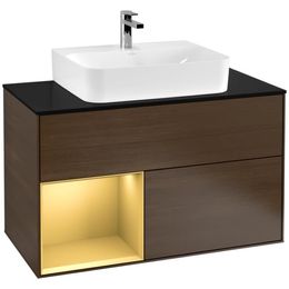 Villeroy & Boch Villeroy und Boch Finion Waschtischunterschrank F112HFGN 100cm, Abdeckplatte white matt, Regal links Gold matt, Walnut veneer