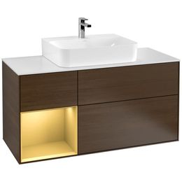Villeroy & Boch Villeroy und Boch Finion Waschtischunterschrank G161HFGN 120cm, Abdeckplatte white matt, Emotion, Regal links Gold matt, Walnut veneer