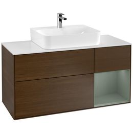 Villeroy & Boch Villeroy und Boch Finion Waschtischunterschrank F171GMGN 120cm, Abdeckplatte white matt, Regal rechts Olive Matt Lacquer, Walnut veneer