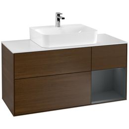 Villeroy & Boch Villeroy und Boch Finion Waschtischunterschrank F171HGGN 120cm, Abdeckplatte white matt, Regal rechts Midnight Blue Matt Lacquer, Walnut veneer