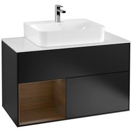Villeroy & Boch Villeroy und Boch Finion Waschtischunterschrank F111GNPD 100cm, Abdeckplatte black matt, Regal links Walnut veneer, Black matt lacquer