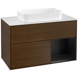 Villeroy & Boch Villeroy und Boch Finion Waschtischunterschrank F251PDGN 100x60,3cm, Abdeckplatte white matt, Regal rechts Black matt lacquer, Walnut veneer