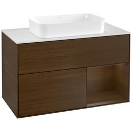 Villeroy & Boch Villeroy und Boch Finion Waschtischunterschrank F251GNGN 100x60,3cm, Abdeckplatte white matt, Regal rechts Walnut veneer, Walnut veneer