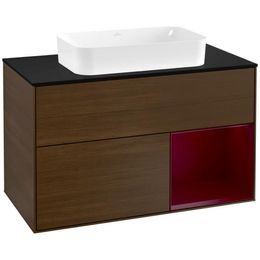 Villeroy & Boch Villeroy und Boch Finion Waschtischunterschrank F252HBGN 100x60,3cm, Abdeckplatte black matt, Regal rechts Peony, Walnut veneer