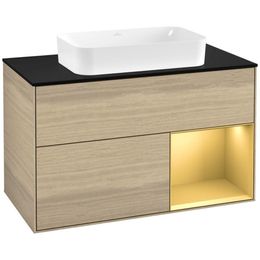 Villeroy & Boch Villeroy und Boch Finion Waschtischunterschrank F252HFPC 100x60,3cm, Abdeckplatte black matt, Regal rechts Gold matt, Oak Veneer
