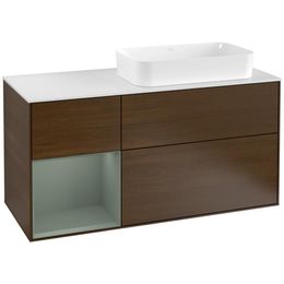 Villeroy & Boch Villeroy und Boch Finion Waschtischunterschrank F271GMGN 120cm, Abdeckplatte white matt, Regal links Olive Matt Lacquer, Walnut veneer