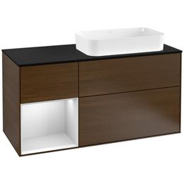 Villeroy & Boch Villeroy und Boch Finion Waschtischunterschrank F272MTGN 120cm, Abdeckplatte black matt, Regal links White matt lacquer, Walnut veneer