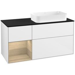 Villeroy & Boch Villeroy und Boch Finion Waschtischunterschrank F272PCGF 120cm, Abdeckplatte black matt, Regal links Oak Veneer, Glossy white lacquer