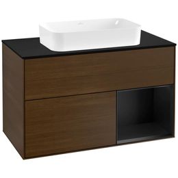 Villeroy & Boch Villeroy und Boch Finion Waschtischunterschrank G252PDGN 100cm, Abdeckplatte black matt, Emotion, Regal rechts Black matt lacquer, Walnut veneer