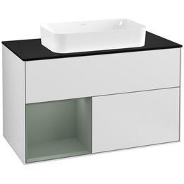 Villeroy & Boch Villeroy und Boch Finion Waschtischunterschrank G242GMMT 100cm, Abdeckplatte black matt, Emotion, Regal links Olive Matt Lacquer, White matt lacquer