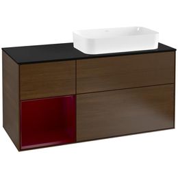 Villeroy & Boch Villeroy und Boch Finion Waschtischunterschrank G272HBGN 120cm, Abdeckplatte black matt, Emotion, Regal links Peony, Walnut veneer