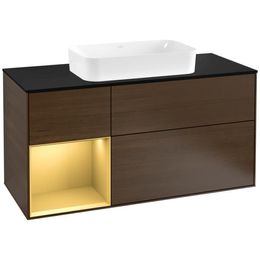 Villeroy & Boch Villeroy und Boch Finion Waschtischunterschrank F292HFGN 120cm, Abdeckplatte black matt, Regal links Gold matt, Walnut veneer
