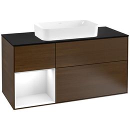 Villeroy & Boch Villeroy und Boch Finion Waschtischunterschrank F292GFGN 120cm, Abdeckplatte black matt, Regal links Glossy white lacquer, Walnut veneer